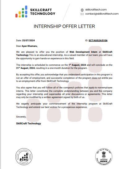 ayan khamaru on linkedin skillcrafttechnology internship webdevelopment coding internship2024