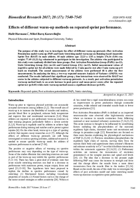 Pdf Effects Of Different Warm Up Methods On Repeated Sprint Performance