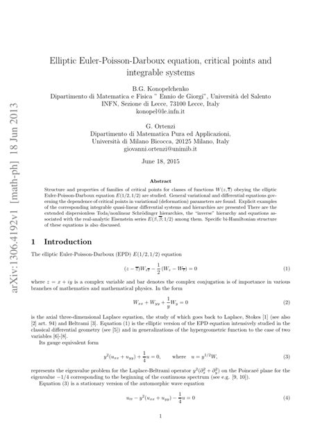 Pdf Elliptic Euler Poisson Darboux Equation Critical Points And Integrable Systems
