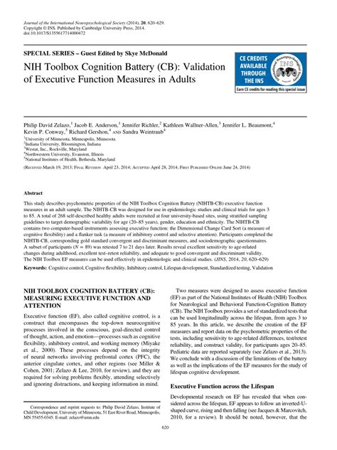 Pdf Nih Toolbox Cognition Battery Cb Validation Of Executive Function Measures In Adults