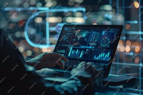 Premium Photo Data Scientist Programmer Using Laptop Analyzing Financial Data On Futuristic