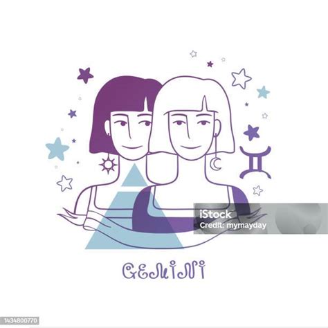 낙서 스타일의 쌍둥이 자리 점성술 기호 별의 배경과 공기 기호를 가진 귀여운 소녀 귀여운에 대한 스톡 벡터 아트 및 기타 이미지