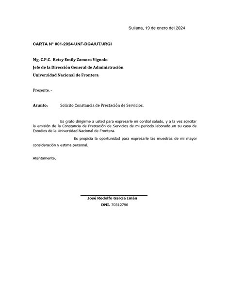 Carta 001 2023 Solicitud De Constancia De Prestacion De Servicios Pdf