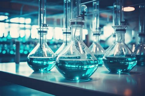 Premium Photo Row Of Glass Flasks Filled With Blue Liquid