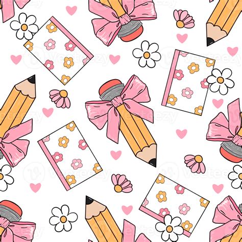 Cute Pencil And Bookish Seamless Pattern Groovy Retro Back To School