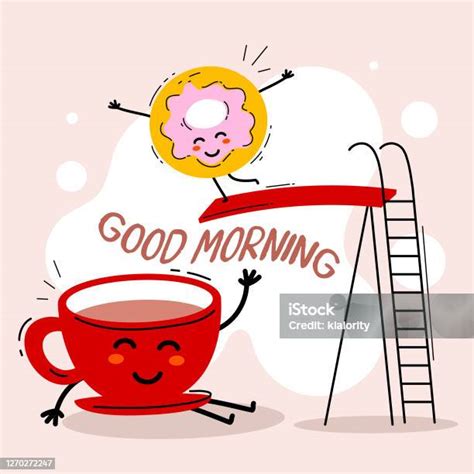 행복한 패스트 푸드 캐릭터 도넛과 가벼운 배경에 차 한 잔의 벡터 귀여운 그림 귀여운에 대한 스톡 벡터 아트 및 기타 이미지 귀여운 도넛 디자인 Istock