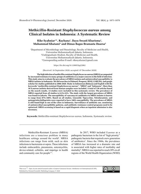 Pdf Methicillin Resistant Staphylococcus Aureus Among Clinical Isolates In Indonesia A