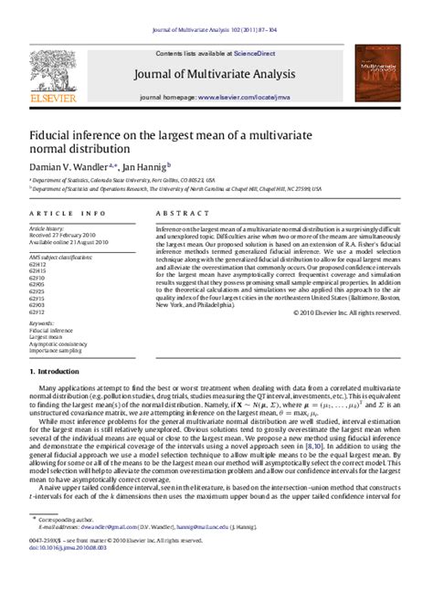 Pdf Fiducial Inference On The Largest Mean Of A Multivariate Normal Distribution