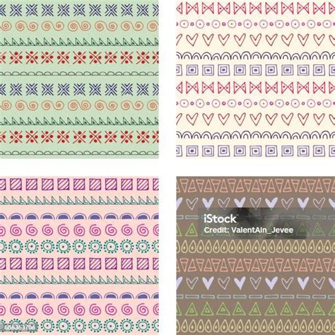 원활한 벡터 패턴의 집합입니다 손으로 그린 도형 삼각형 원 점 선 간단한 그래픽 디자인으로 다채로운 기하학적 끝 없는 배경 반복 장식적인 장식입니다 0명에 대한 스톡 벡터