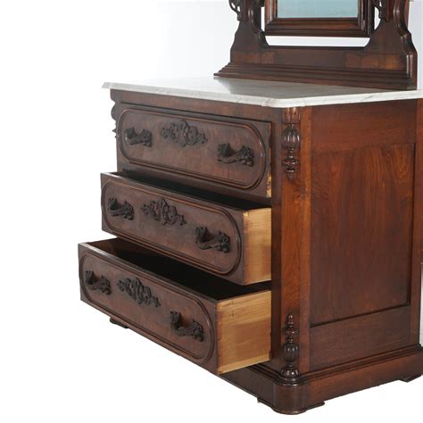 Antique Victorian Carved Walnut Marble Top Dresser With Mirror C1880