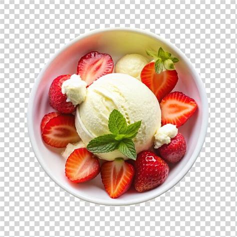 Мороженое и ванильное мороженое на белой чаше с верхнего вида изолированное на прозрачном фоне