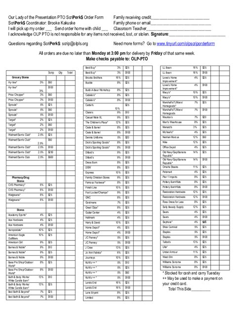 Fillable Online Our Lady Of The Presentation Pto Scri Perk Order Form Fax Email Print Pdffiller