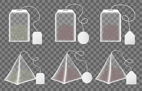 포장에 있는 티백 티백의 3d 모형 검은 색과 녹차가있는 현실적인 피라미드 패킷 음료를위한 실론 허브와 삼각형 향낭 끈과 종이와 함께 팩에 유기농 음료 세트 벡터 잎차에