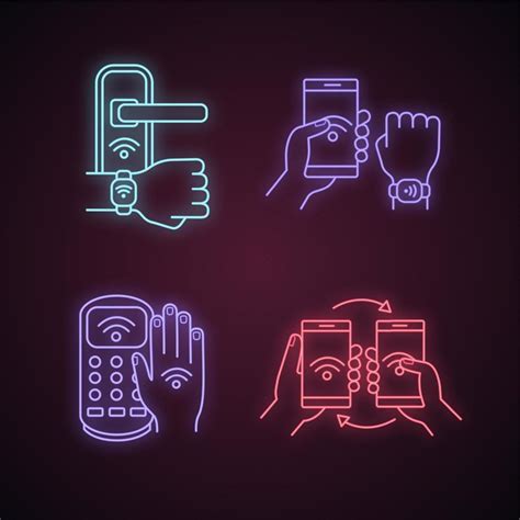 Nfc Technology Neon Light Icons Set Near Field Door Lock Bracelet Payment Terminal Data
