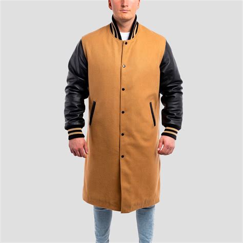 Varsity Base Men Coat Camel Wool Body Black Leather Sleeves Letterman Coat