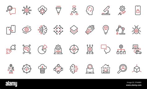 Red Black Thin Line Trendy Icons Set Digital Brain And Automatic Machine Learning Science