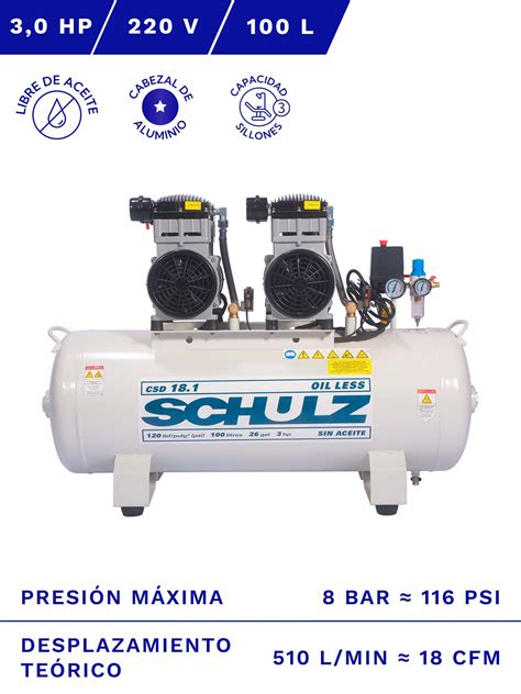 Compresor Dental Schulz Csd 181 3hp 100l 8bar 18cfm Servicomp