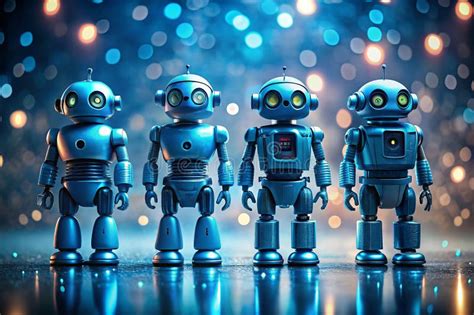 Four Futuristic Blue Robots In A Dreamlike Bokeh Setting Exploring The