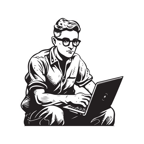 Nerd With Laptop Vintage Logo Line Art Concept Black And White Color Hand Drawn Illustration
