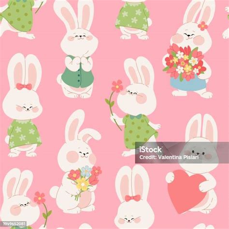 분홍색 배경에 귀여운 토끼와 함께 완벽 한 패턴입니다 발렌타인 데이 부활절 또는 생일 장식 포장지 패키지 직물 또는 청첩장을 위한 귀여운 토끼 캐릭터 벡터 일러스트 레이 션