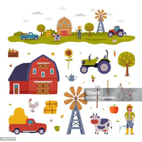 농장 농촌 건물 및 농업 개체 세트 농가 풍차 트랙터 픽업 가축 농업 및 농업 개념 만화 스타일 벡터 일러스트 과일에 대한 스톡 벡터 아트 및 기타 이미지 Istock