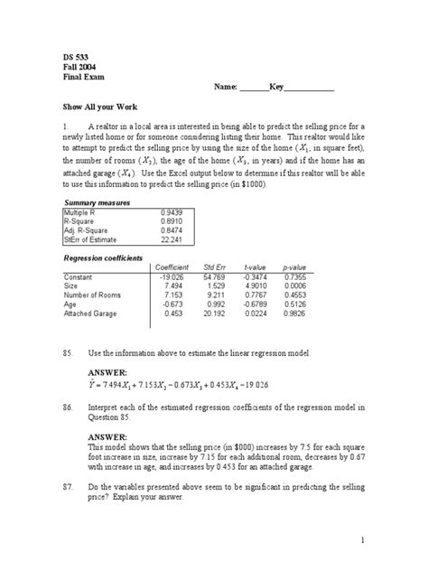 Final Exam Solution Pdf Errors And Residuals Regression Analysis