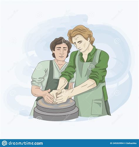 Two Men Attend Pottery Classes Standing Near The Pottery Wheel