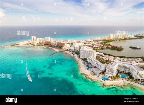 Aerial Panoramic View Of Cancun Beach And City Hotel Zone In Mexico Caribbean Coast Landscape