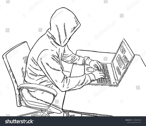 Sketch Style Doodle Hacker Sitting Front เวกเตอร์สต็อก ปลอดค่า