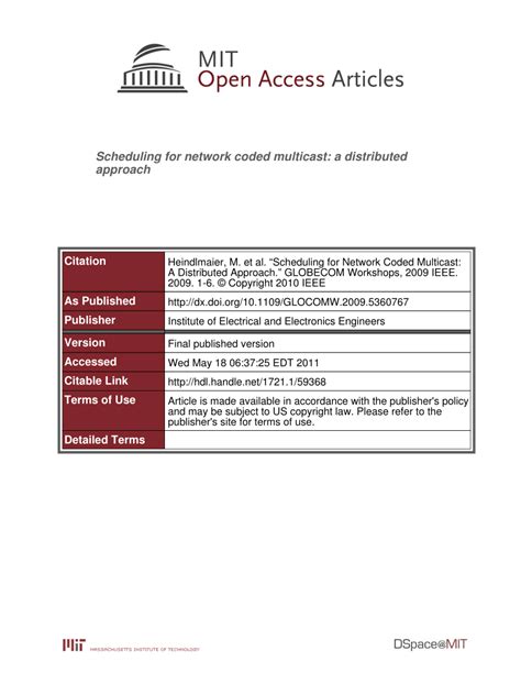 Pdf Scheduling For Network Coded Multicast A Distributed Approach