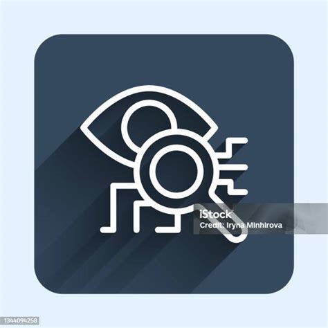 긴 그림자 배경으로 격리 된 흰색 줄 눈 스캔 아이콘 망막 스캔 보안 검사 기호입니다 사이버 아이 사인 파란색 정사각형 버튼 벡터 건강관리와 의술에 대한 스톡 벡터 아트 및