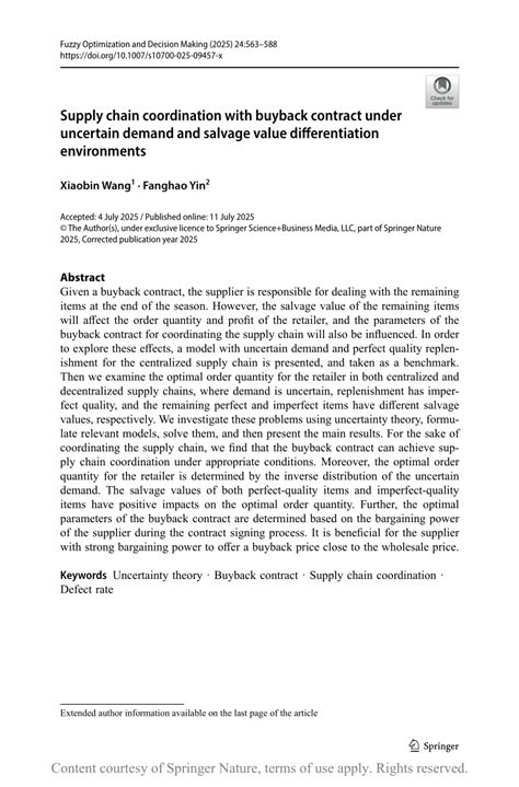 Supply Chain Coordination With Buyback Contract Under Uncertain Demand And Salvage Value