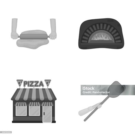 피자 반죽 오븐 피자 건물 빌릿에 대 한 주걱 피자와 피자 만화 스타일 벡터 기호 재고 일러스트 웹에서 컬렉션 아이콘을