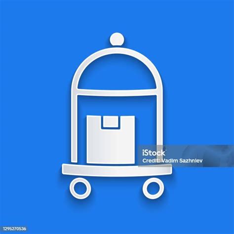 종이 잘라 호텔 수하물 카트 와 여행 가방 아이콘 은 파란색 배경에 격리 여행 수하물 표지판 여행 수하물 아이콘 종이 아트 스타일 벡터 가방에 대한 스톡 벡터 아트 및 기타