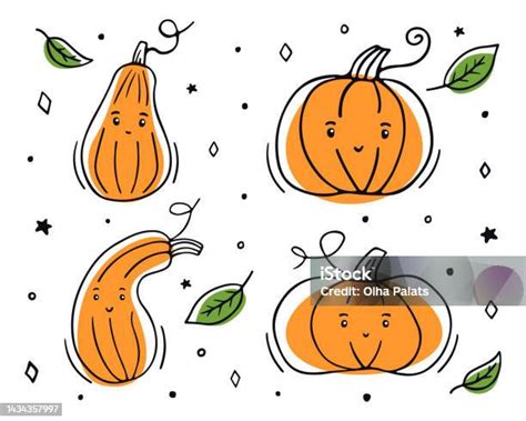 호박 흰색에 고립 된 나뭇잎과 색깔이있는 반점이있는 귀여운 호박 세트 벡터 일러스트 레이 션 10월에 대한 스톡 벡터 아트 및 기타 이미지 Istock