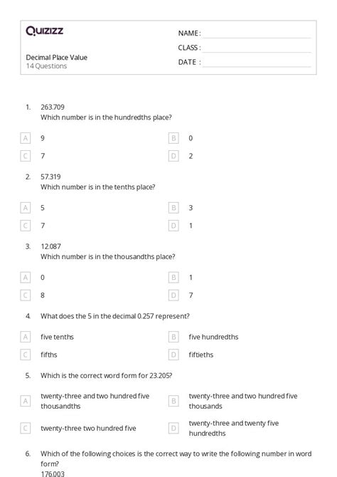 50 Decimal Place Value Worksheets For 5th Year On Quizizz Free