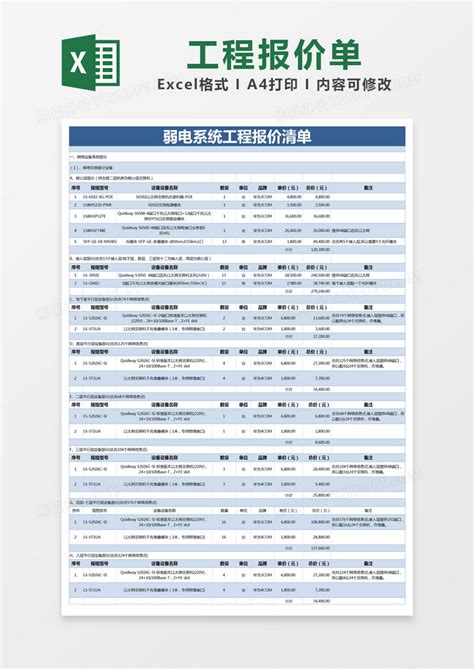 蓝色简约弱电系统工程报价清单模版Excel模板下载 熊猫办公