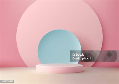 파란색과 분홍색의 우아한 원형 배경이 있는 현대적인 3d 파스텔 핑크 포디움은 제품 디스플레이 모형 및 쇼케이스에 이상적입니다