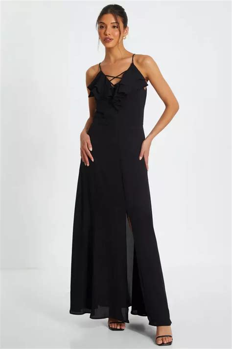 Black Strappy Ruffle Chiffon Maxi Dress Quiz Clothing