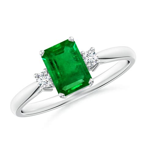 Lab Grown Classic Emerald Cut Emerald And Round Diamond Three Stone Ring