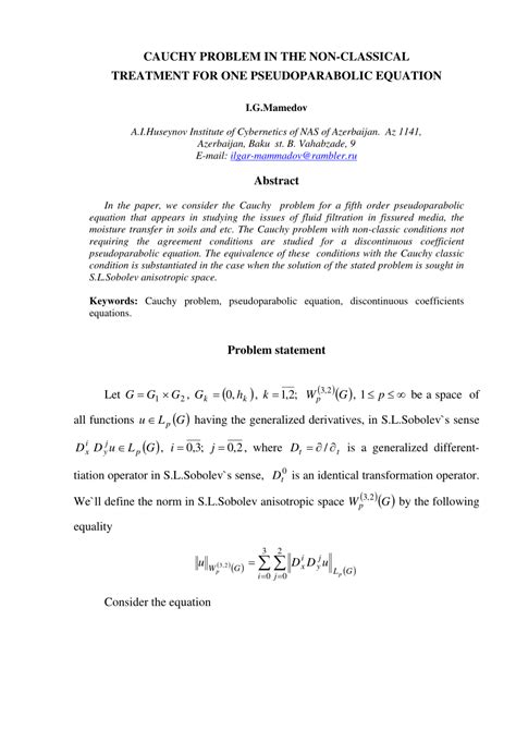 Pdf Cauchy Problem In The Non Classical Treatment For One