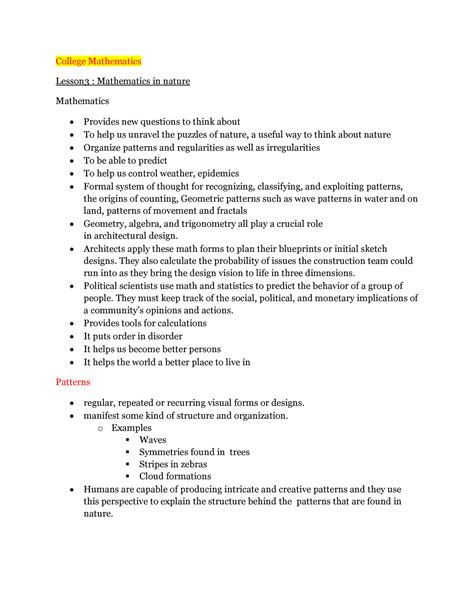 Nature And World In Connection To Mathematics Lesson Notes College Mathematics Lesson Studocu