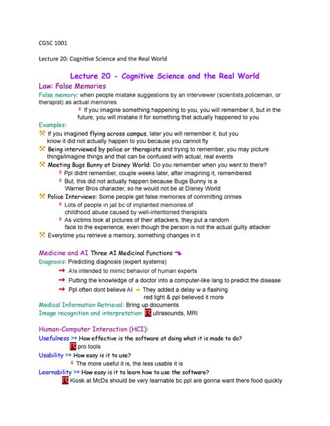 Cgsc 1001 Lecture 20 Notes Cgsc 1001 Lecture 20 Cognitive Science