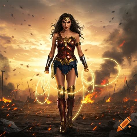 Wonder Woman Stands Heroically On A Stormy Battlefield With Lightning