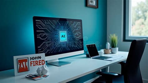 Workspace Setup With A Computer Displaying Ai Technology Symbolizing Automation Replacing Human