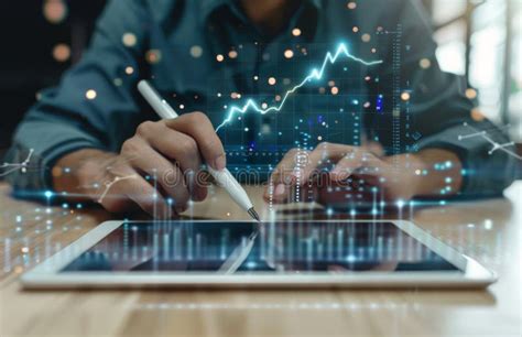Person Analyzing Financial Data On Tablet With Digital Graphs In Modern Office Stock Image