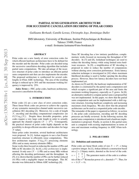 Pdf Partial Sums Generation Architecture For Successive Cancellation Decoding Of Polar Codes