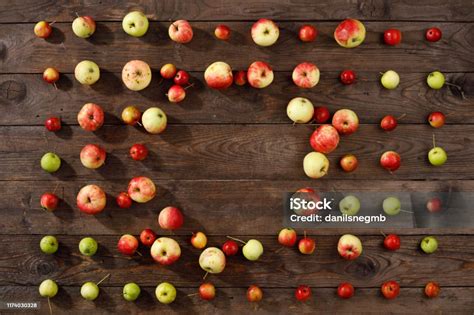 화려한 프레임 나무 배경에 신선한 빨간 가을 사과의 과일 패턴 가을에 대한 스톡 사진 및 기타 이미지 가을 갈색 개체 그룹 Istock