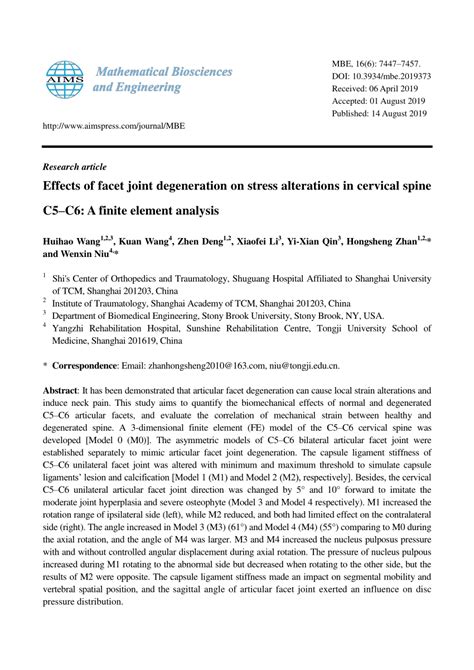 PDF Effects Of Facet Joint Degeneration On Stress Alterations In Cervical Spine C5C6 A