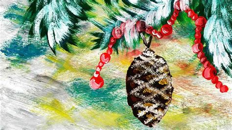 Как нарисовать новогоднюю шишку на ветке елки гуашью Youtube